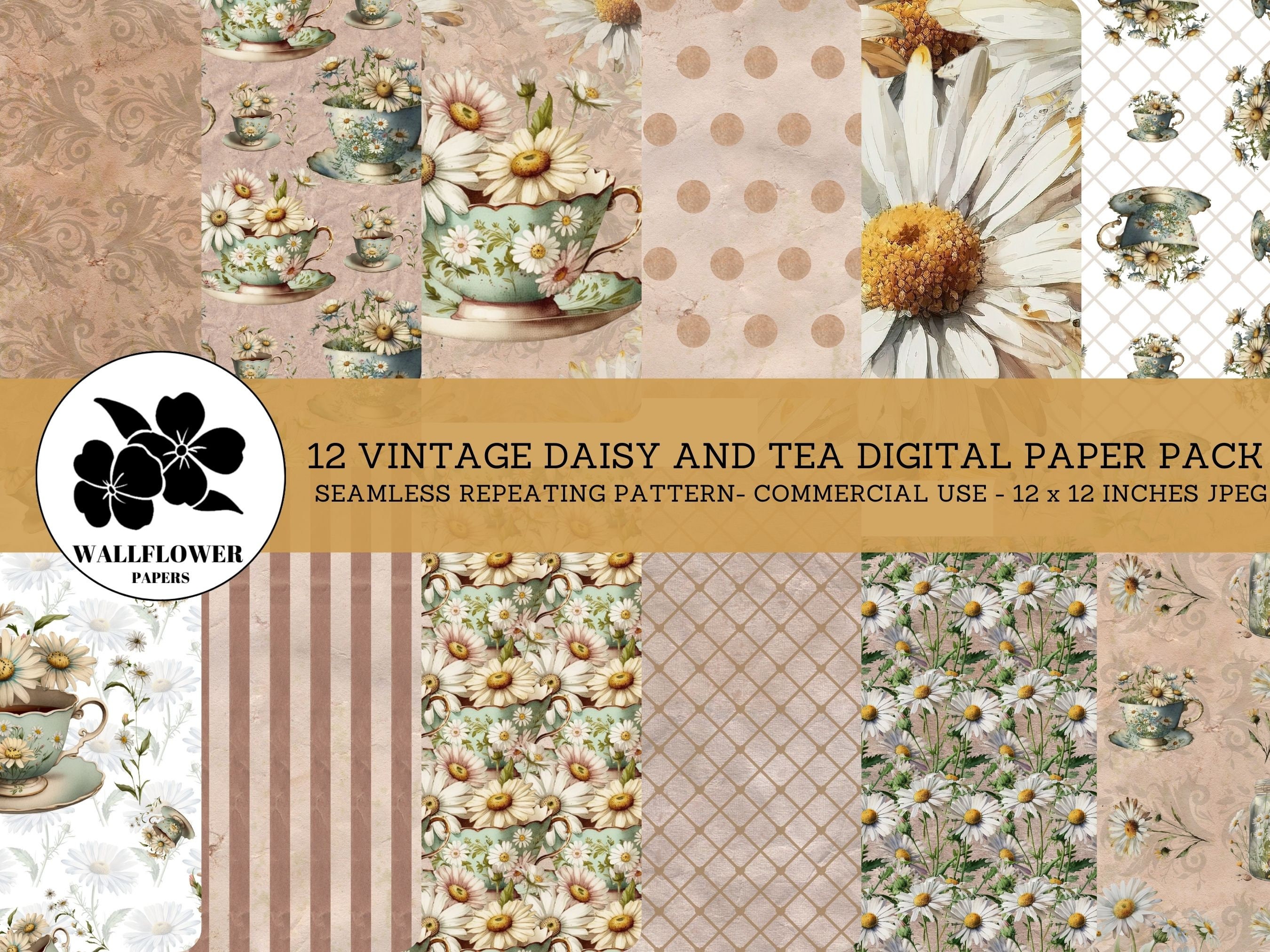 Vintage Daisy and Tea Digital Papers, Flowers & Tea Cup Scrapbook Paper ...