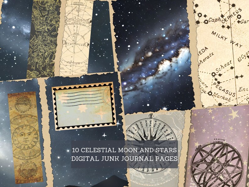 Celestial Moon Stars & Night Sky Junk Journal Pages, Vintage Junk ...