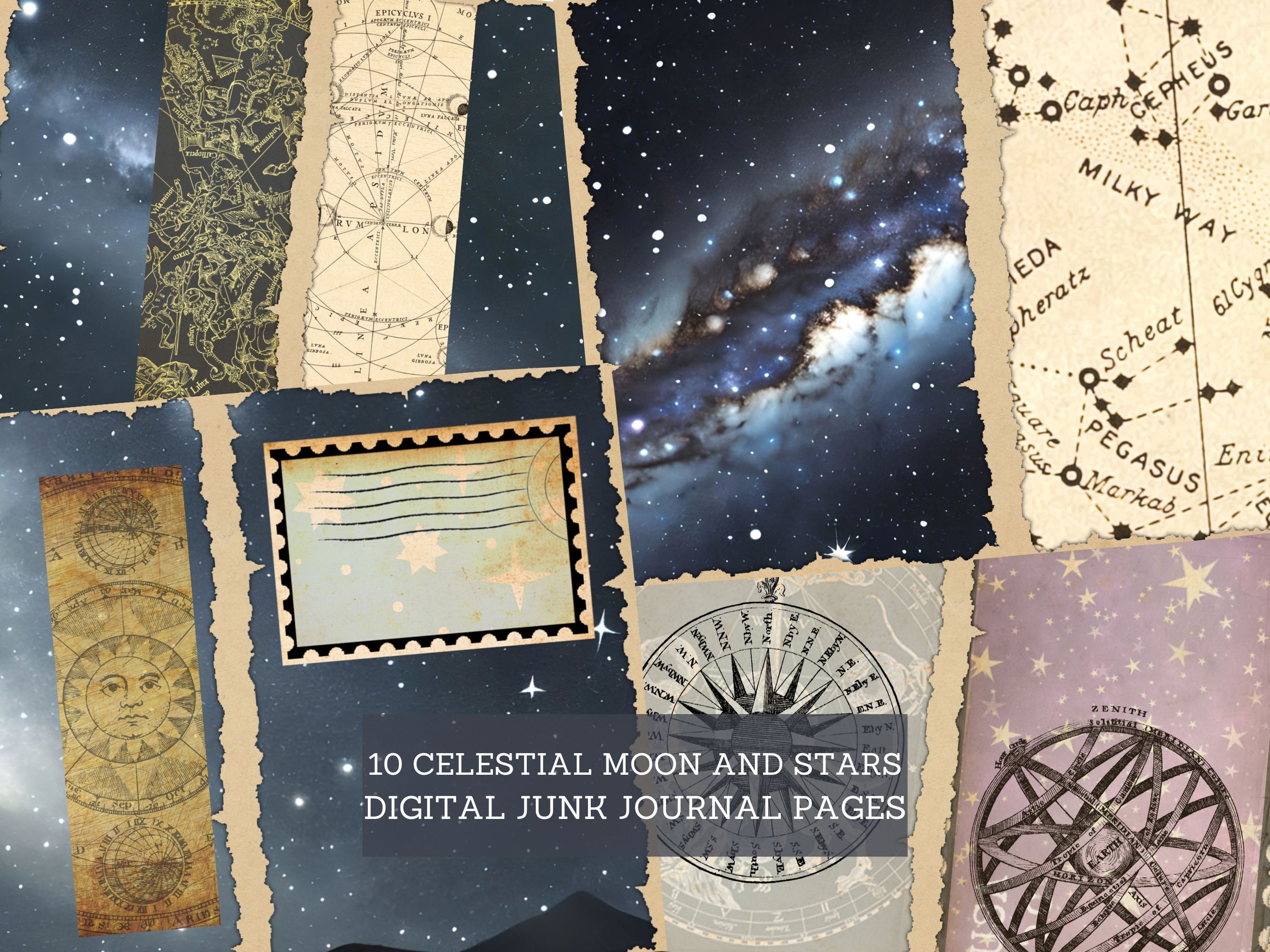 Celestial Moon Stars & Night Sky Junk Journal Pages, Vintage Junk ...