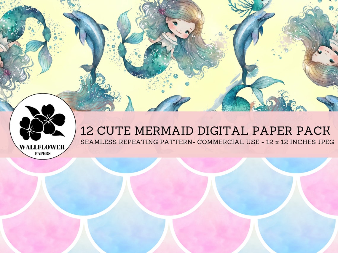 Cute Mermaid Seamless Digital Papers 1, Mermaids and Sea Creatures ...