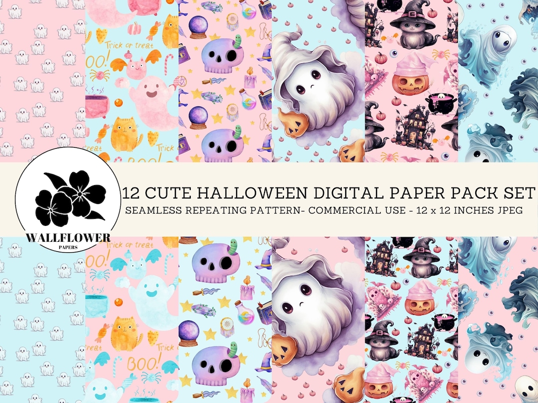 Cute Halloween Seamless Digital Papers, Cute Ghosts and Pumpkins, Pink ...