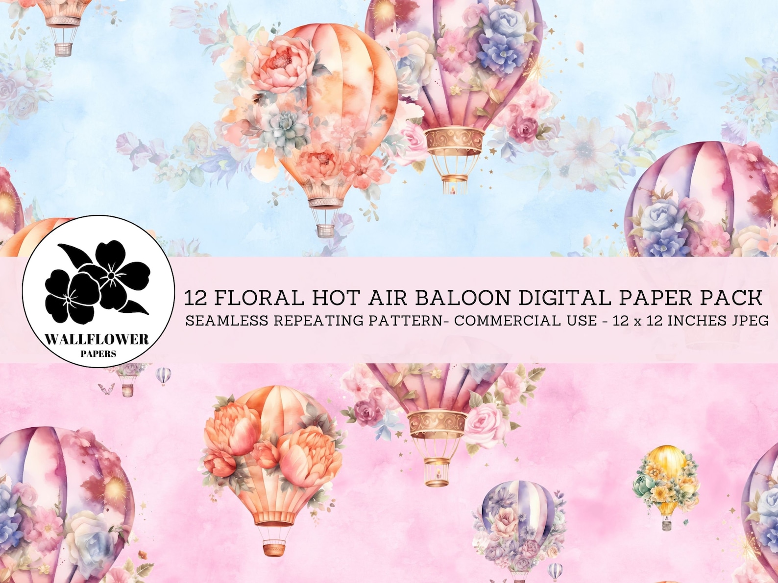 Floral Hot Air Balloons Seamless Digital Papers, Hot Air Balloons and ...