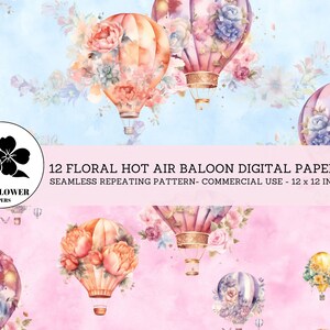 Floral Hot Air Balloons Seamless Digital Papers, Hot Air Balloons and ...