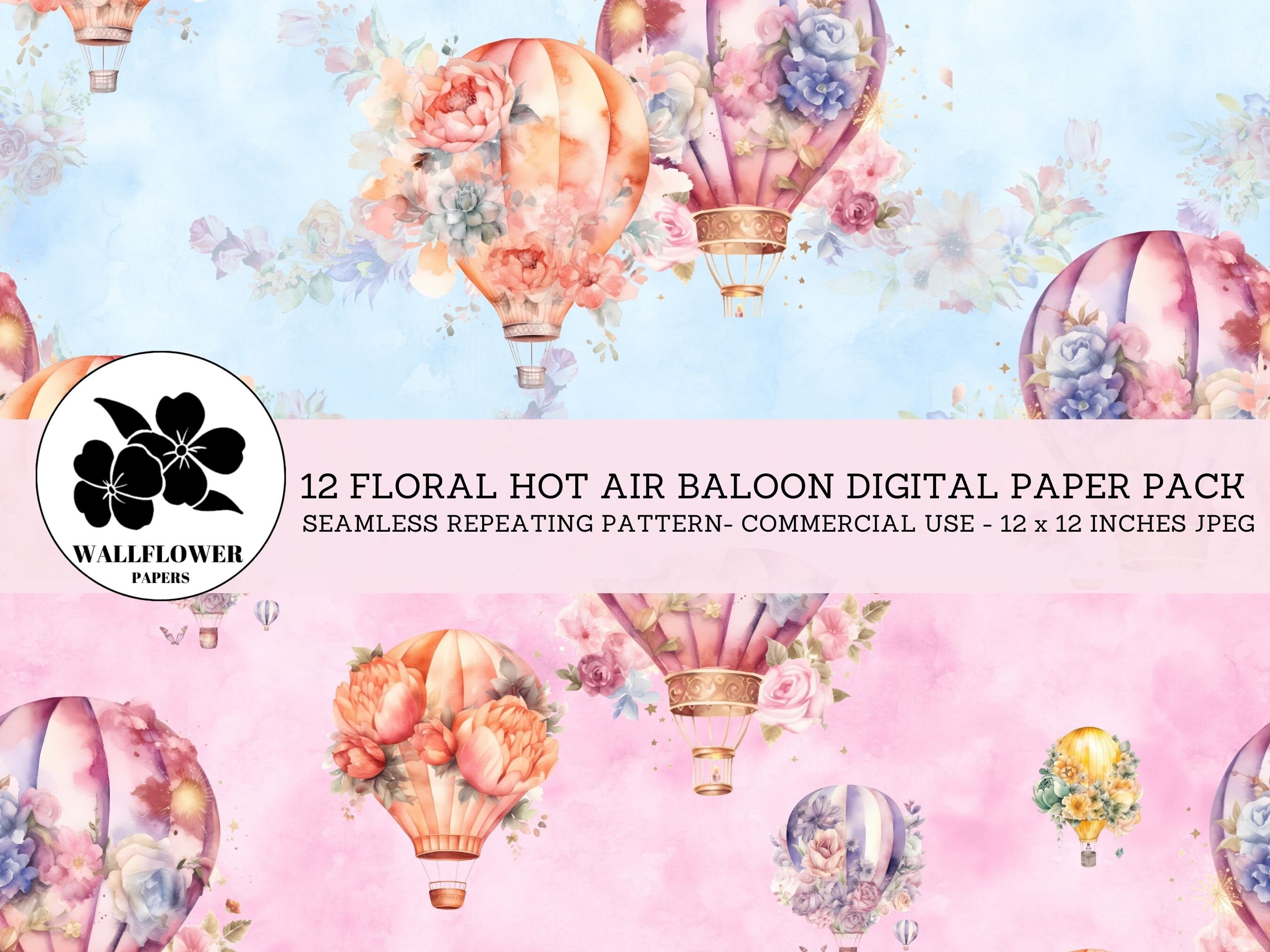 Floral Hot Air Balloons Seamless Digital Papers, Hot Air Balloons and ...