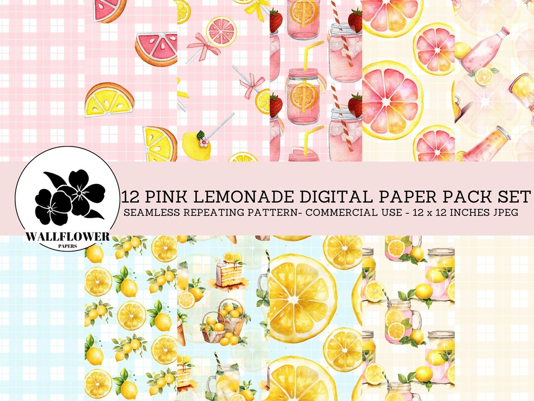 Pink Lemonade Seamless Digital Papers, Yellow Lemonade and Lemon Slices ...