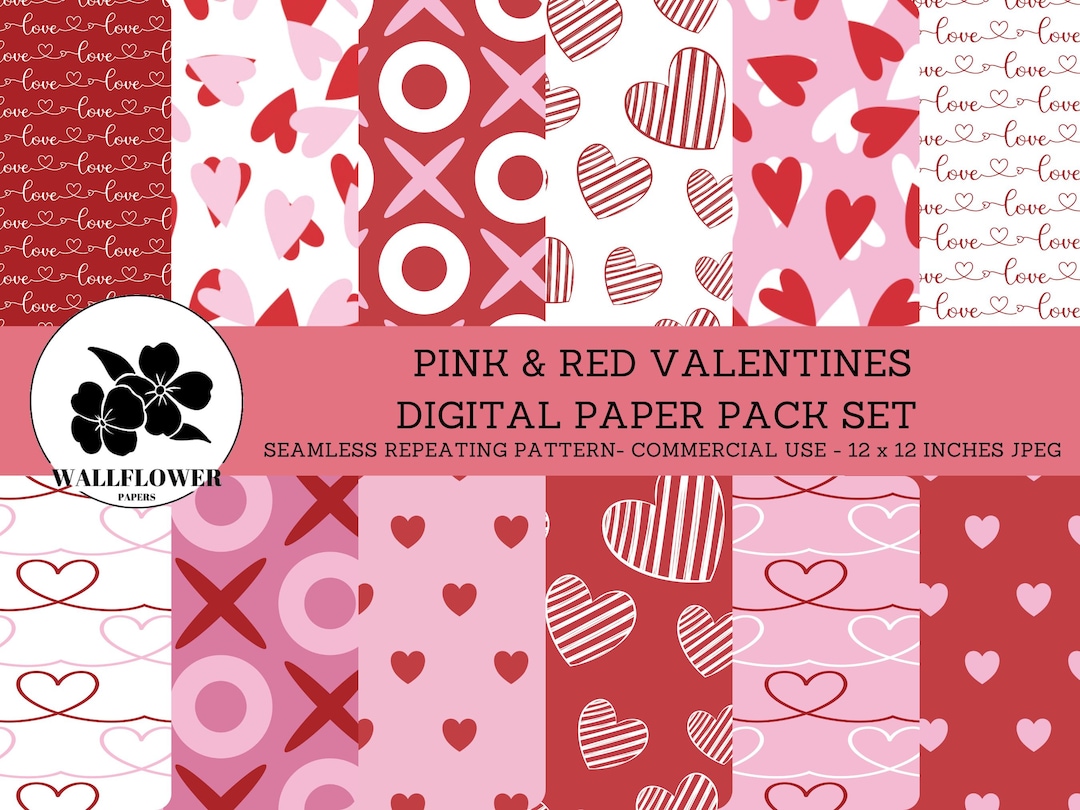 Pink & Red Valentines Seamless Digital Papers, Hearts, Love and XOXO ...