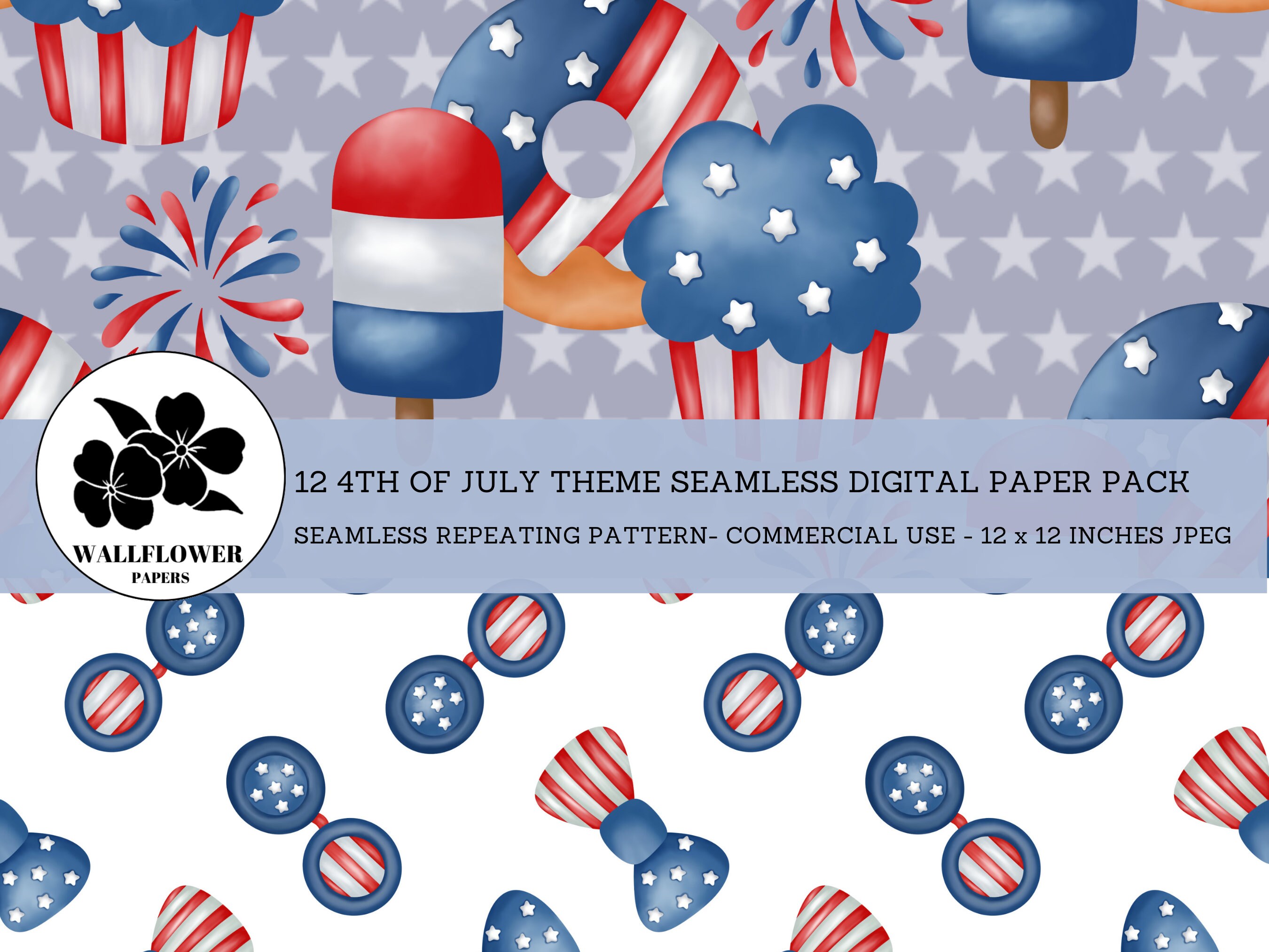 4th of July Seamless Digital Papers, American Flags and Bows, Blue and ...