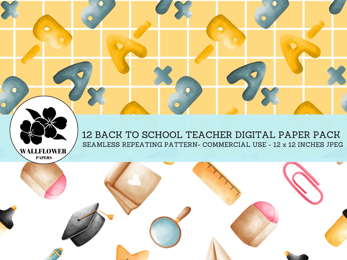 Back to School Teacher Seamless Digital Papers 1, Apples & Pens, Blue ...
