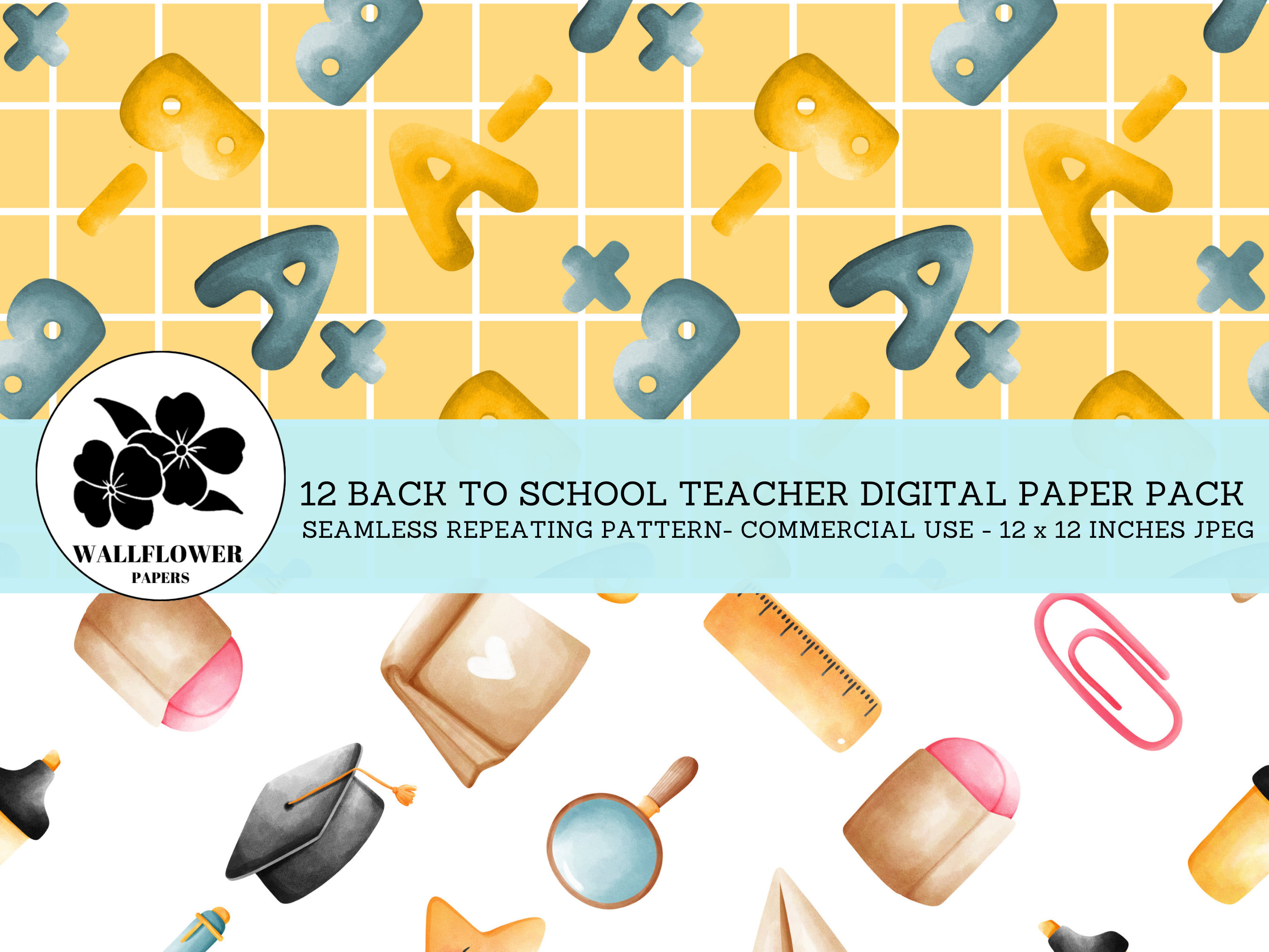 Back to School Teacher Seamless Digital Papers 1, Apples & Pens, Blue ...