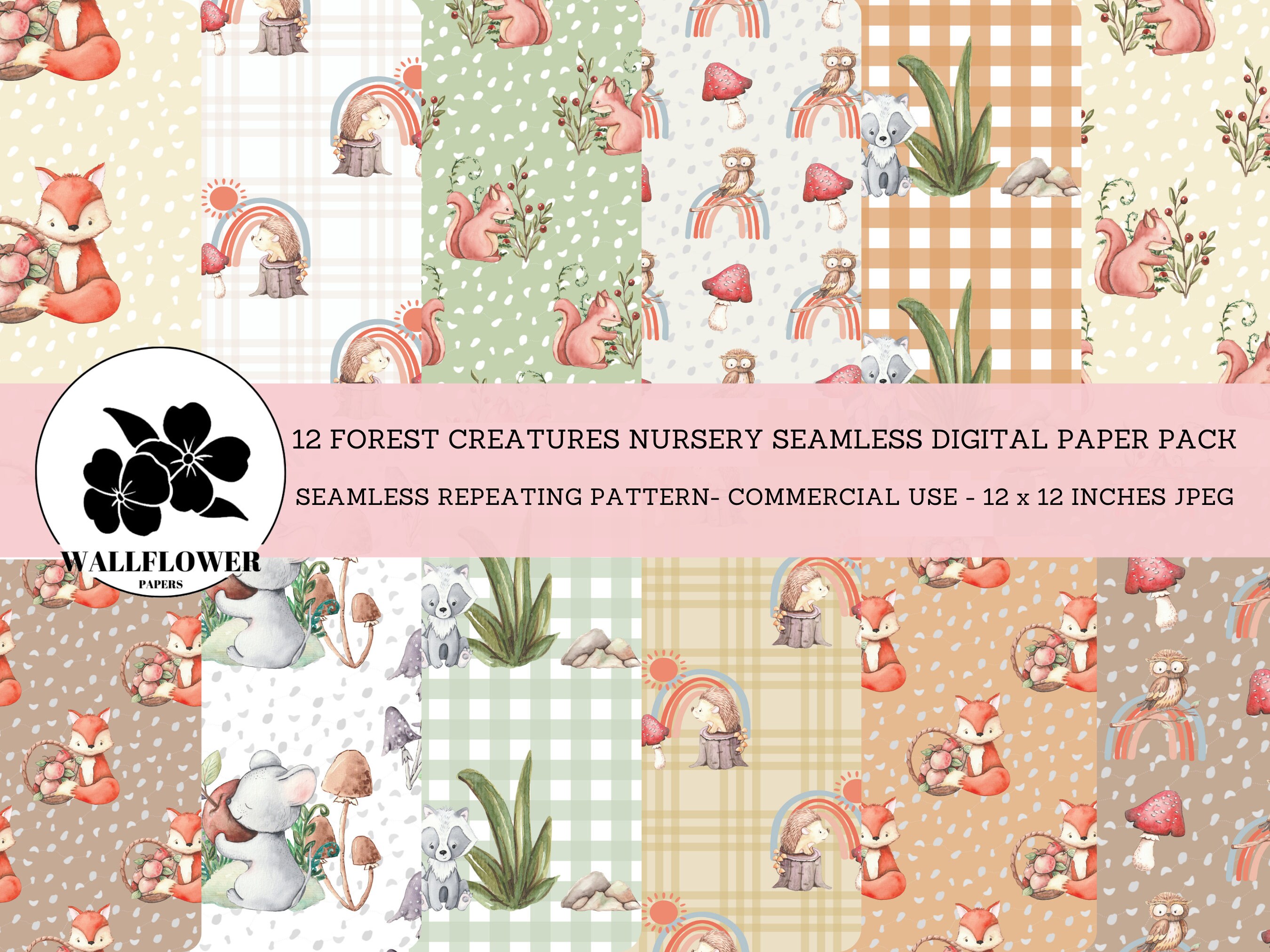 Forest Creatures Nursery Seamless Digital Papers, Baby Animals ...