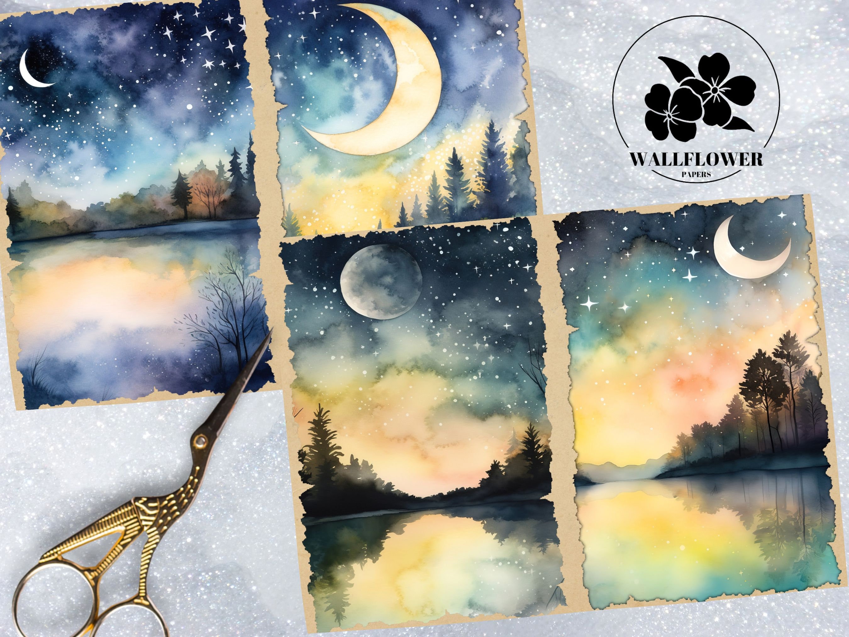 Night Moon Junk Journal Pages, Vintage Midnight Watercolor Junk Journal ...