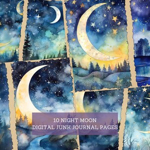 Night Moon Junk Journal Pages, Vintage Midnight Watercolor Junk Journal ...