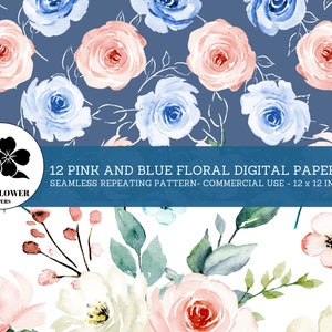 Pink and Blue Floral Seamless Digital Papers, Blue and Pink Flowers ...
