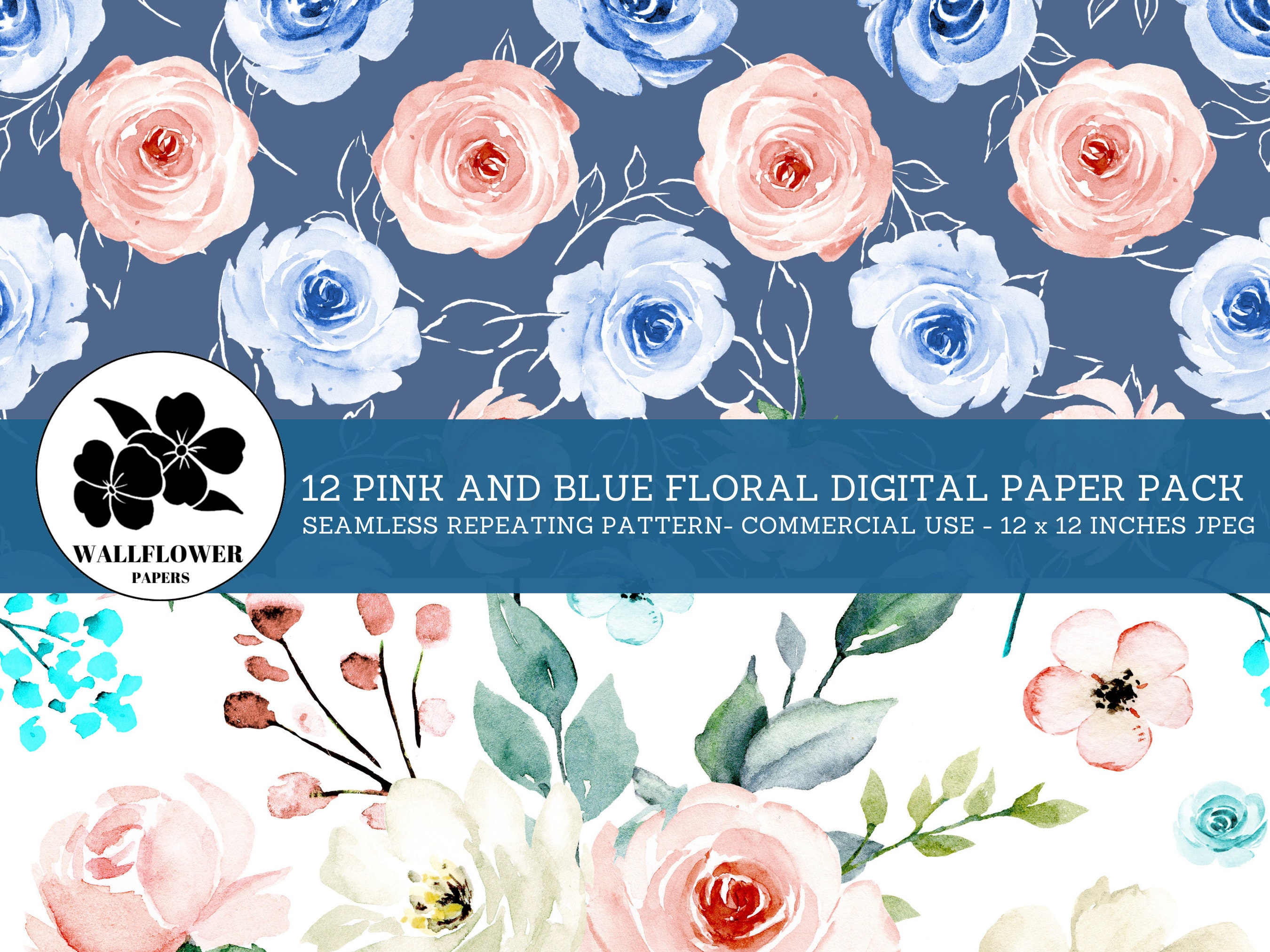 Pink and Blue Floral Seamless Digital Papers, Blue and Pink Flowers ...