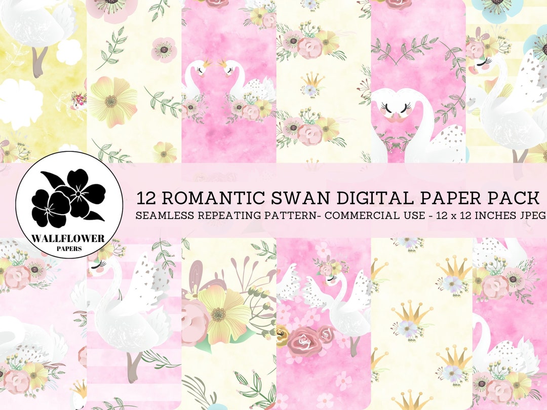 Romantic Swan Seamless Digital Papers, Swans and Flowers, Wedding ...
