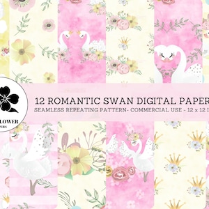 Romantic Swan Seamless Digital Papers, Swans and Flowers, Wedding ...