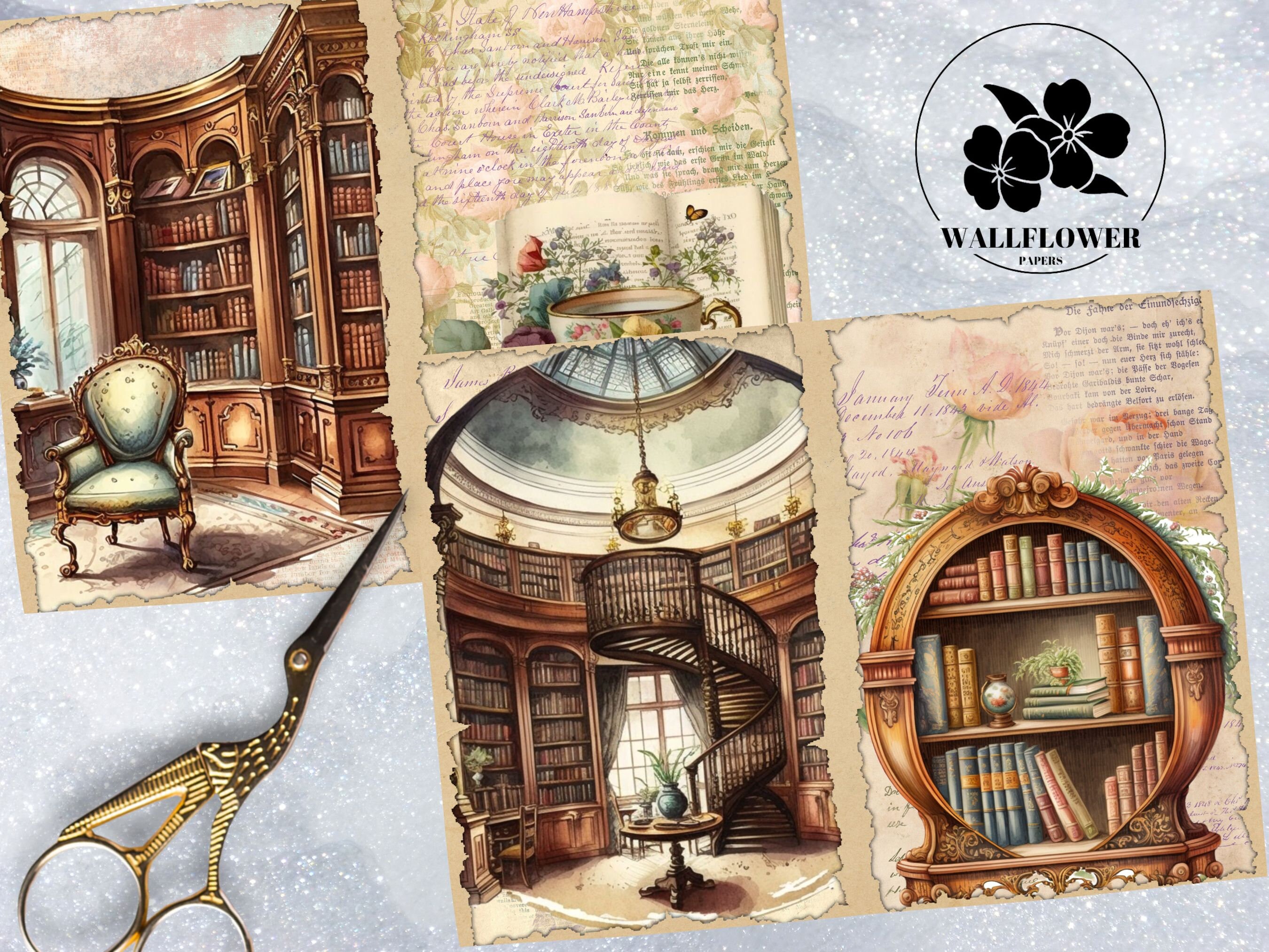 Book Lover & Libraries Junk Journal Pages, Vintage Bookshelf Junk ...
