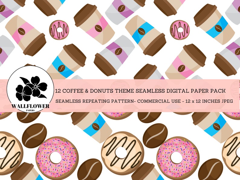 Coffees and Donuts Seamless Digital Papers, Coffees Mugs and Glazed ...