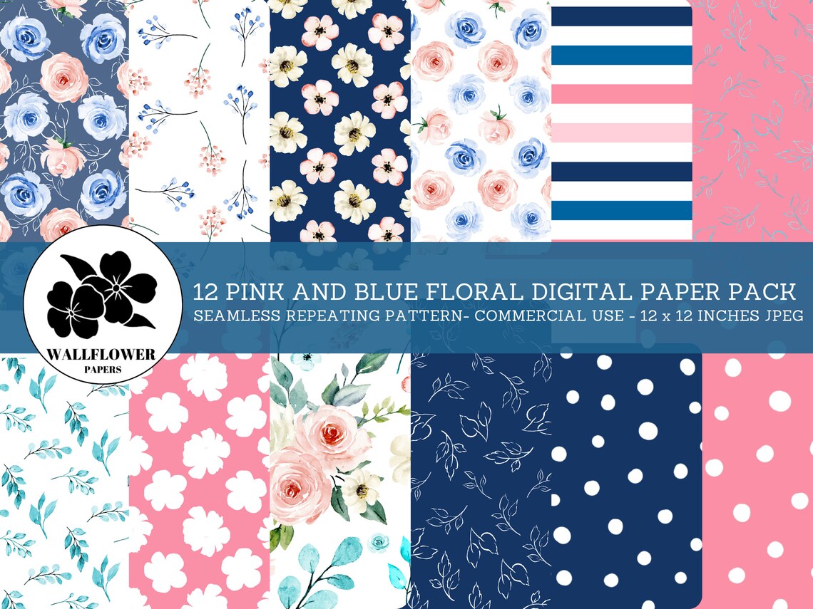 Pink and Blue Floral Seamless Digital Papers, Blue and Pink Flowers ...