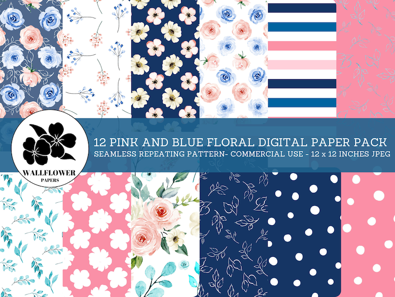 Pink and Blue Floral Seamless Digital Papers, Blue and Pink Flowers ...