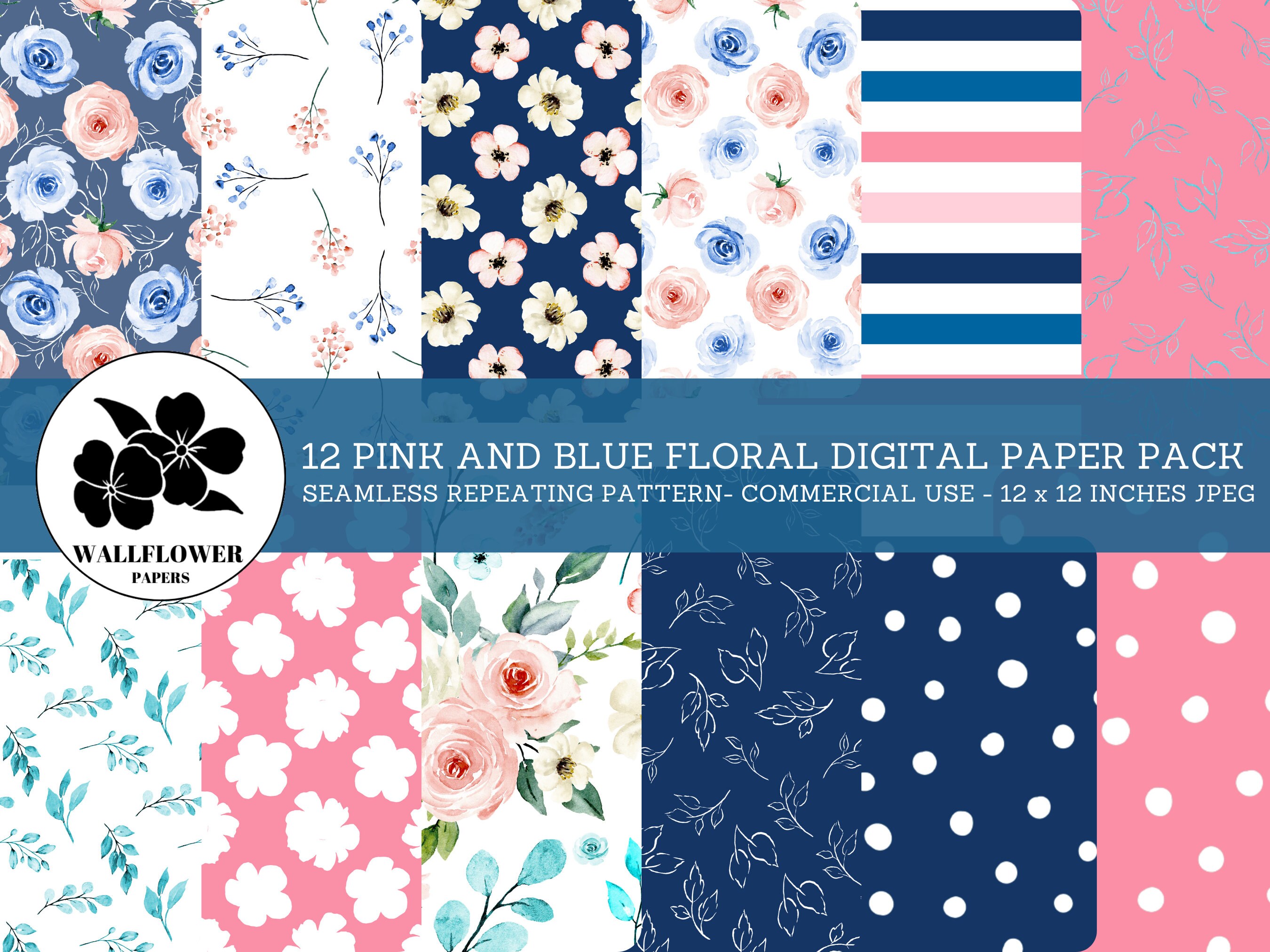 Pink and Blue Floral Seamless Digital Papers, Blue and Pink Flowers ...