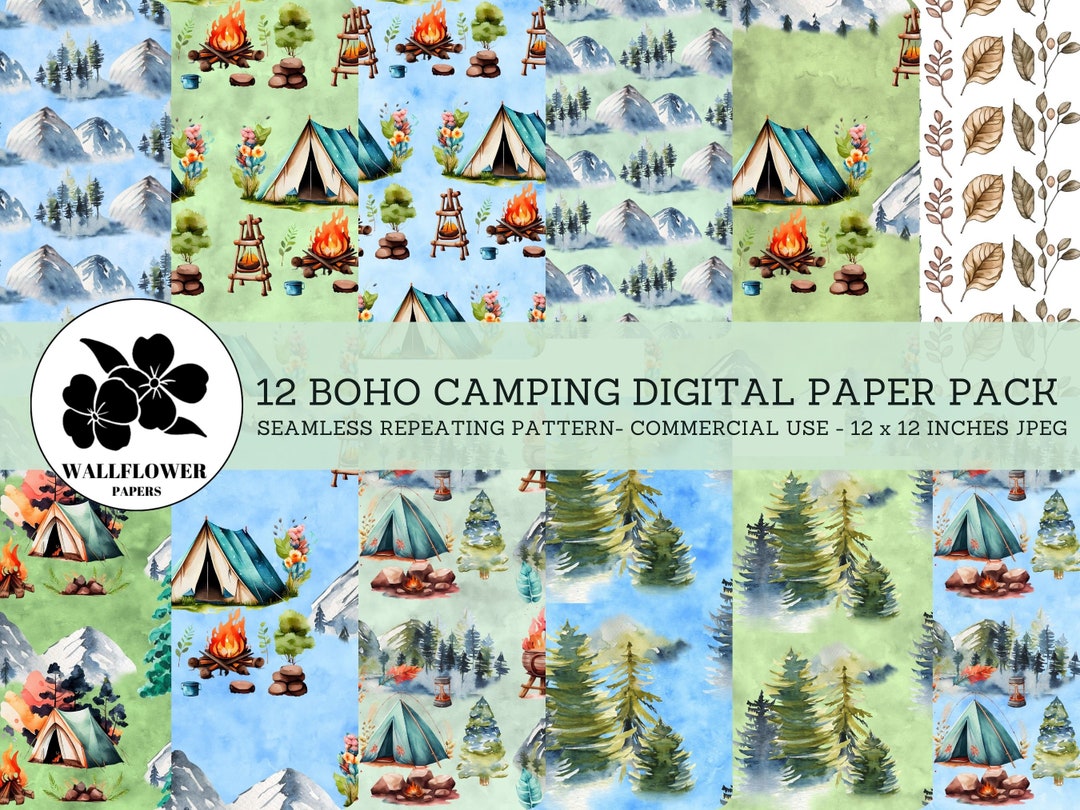 Boho Camping Seamless Digital Papers, Tent, Fire & Mountains ...