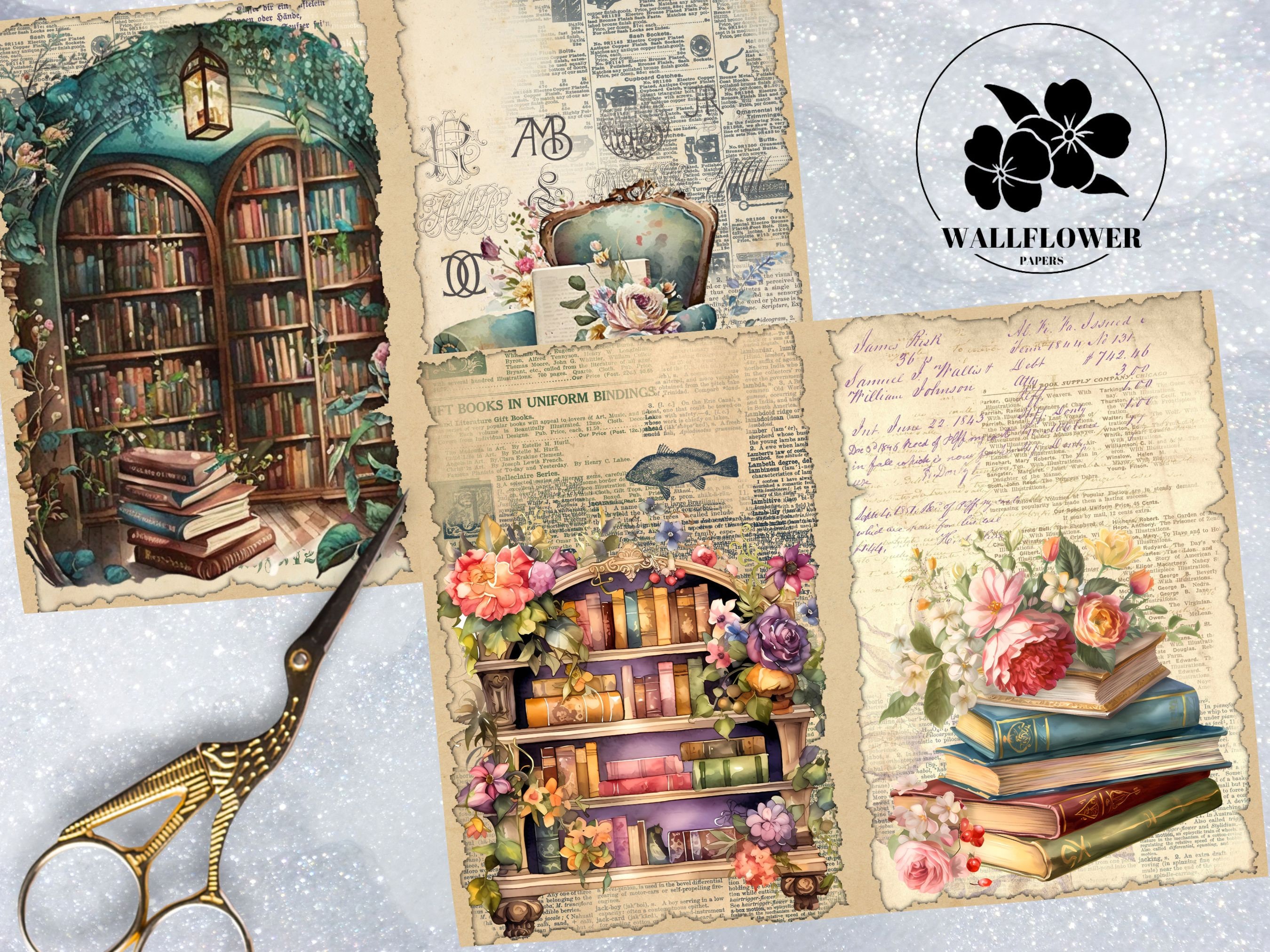Book Lover & Libraries Junk Journal Pages, Vintage Bookshelf Junk ...
