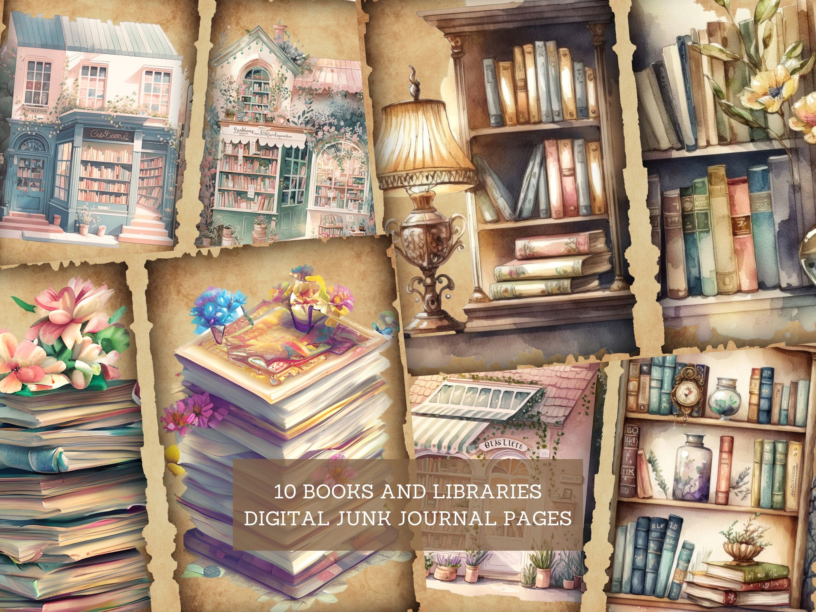 Books & Libraries Junk Journal Pages, Vintage Bookshelf Reading Junk ...