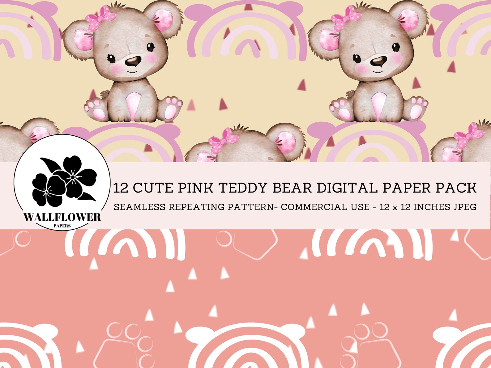 Teddy Bear Nursery Seamless Digital Papers, Pink Baby Girl & Rainbows ...