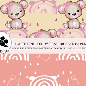 Teddy Bear Nursery Seamless Digital Papers, Pink Baby Girl & Rainbows ...