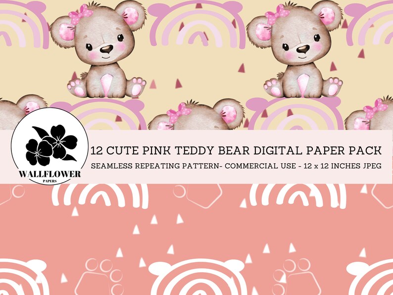 Teddy Bear Nursery Seamless Digital Papers, Pink Baby Girl & Rainbows ...