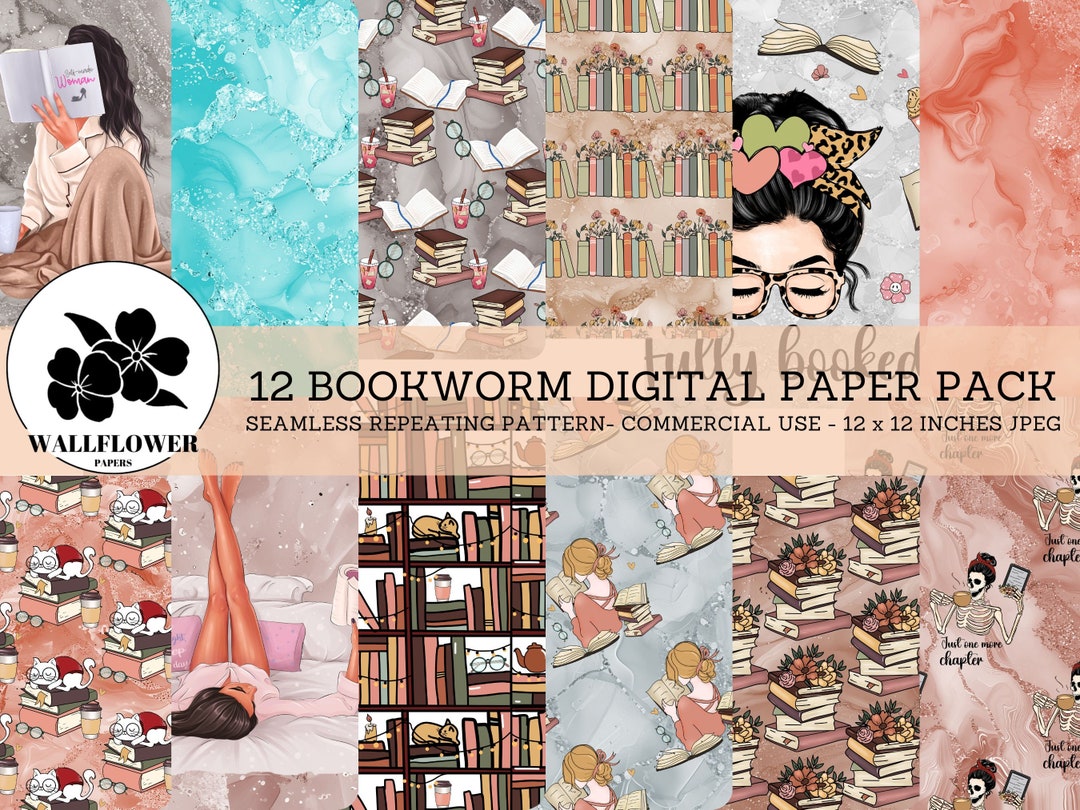 Bookworm Seamless Digital Papers, Book Lover, Sleeping Cat & Libraries ...
