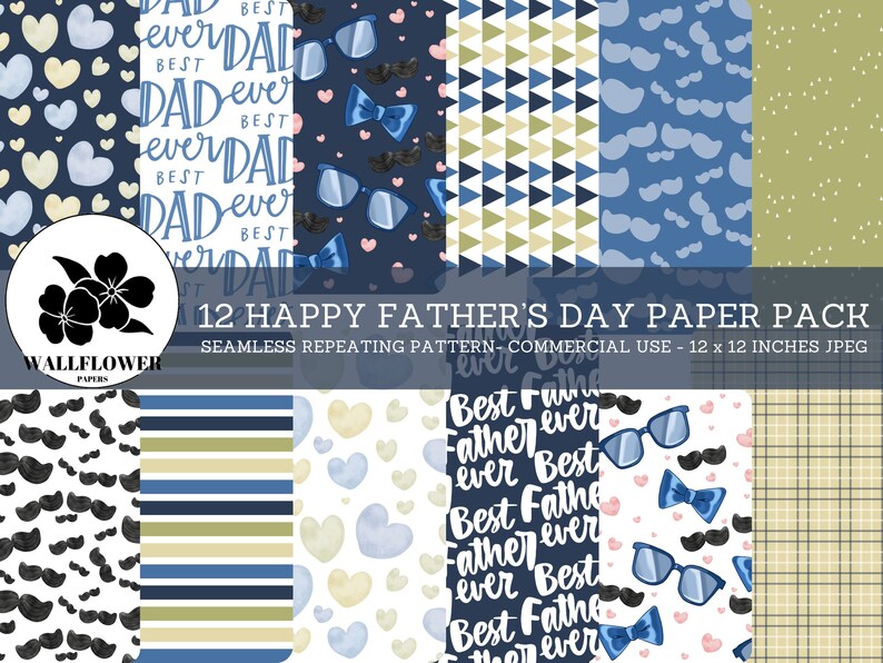 Best Dad Ever Seamless Digital Papers, Mustache & Bows, Father's Day ...
