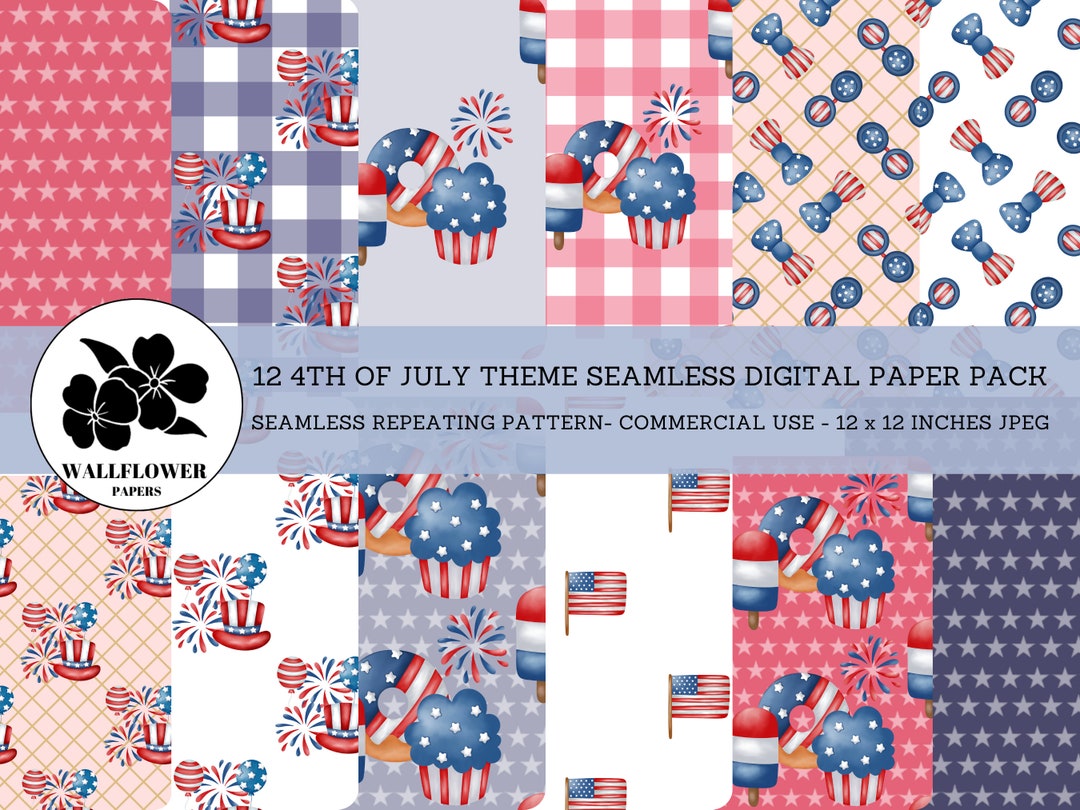 4th of July Seamless Digital Papers, American Flags and Bows, Blue and ...