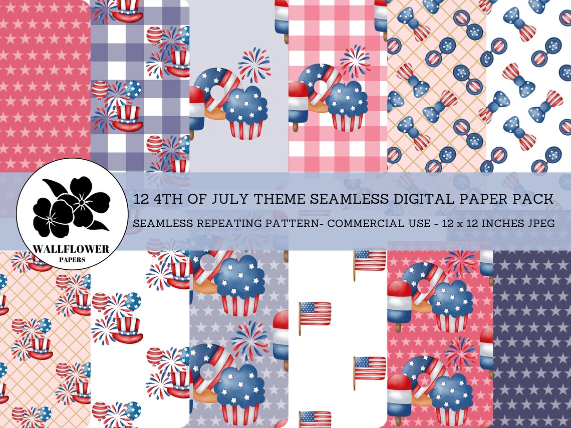 4th of July Seamless Digital Papers, American Flags and Bows, Blue and ...
