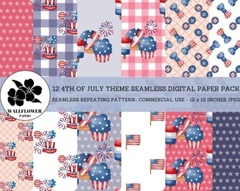 4th of July Floral Seamless Digital Papers, Flowers and American Flags ...