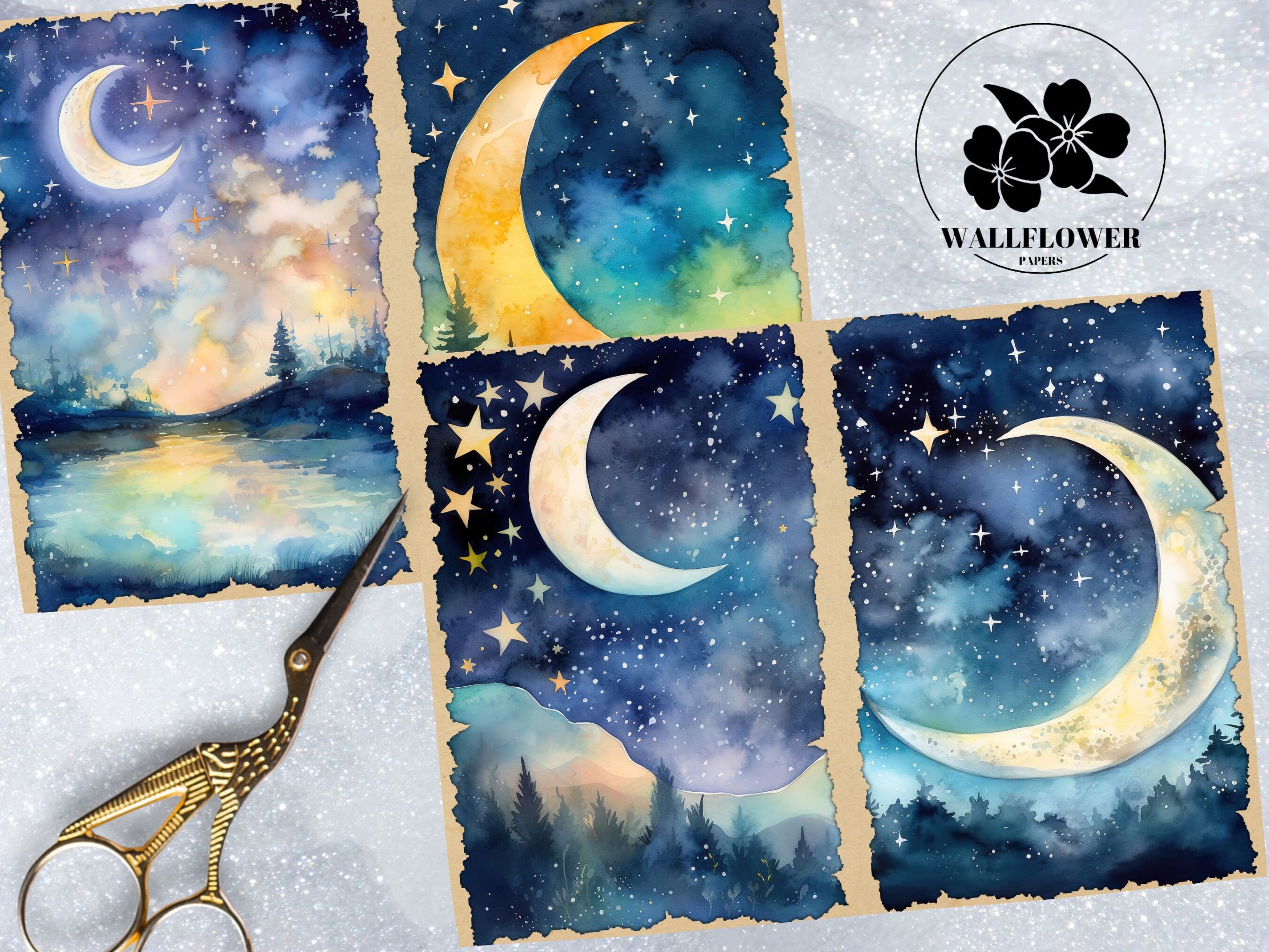 Night Moon Junk Journal Pages, Vintage Midnight Watercolor Junk Journal ...