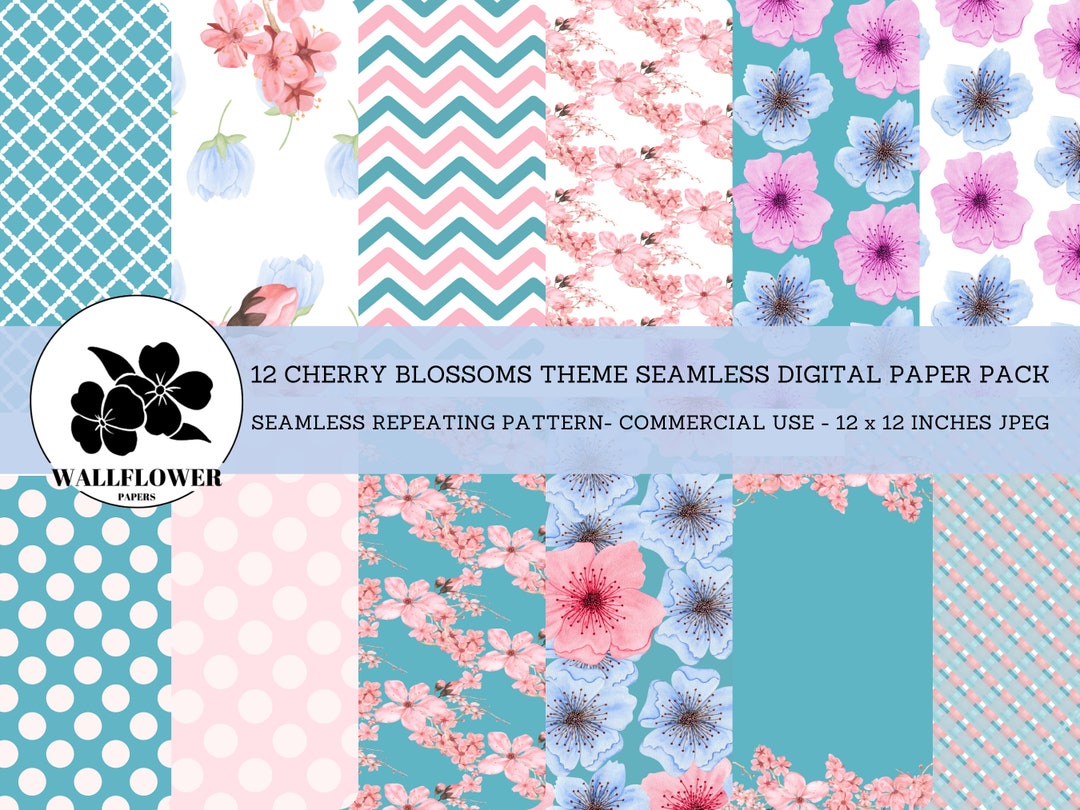 Cherry Blossoms Seamless Digital Papers, Blue and Pink Blossoms, Cherry ...