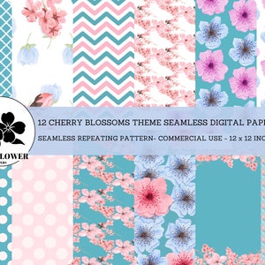 Cherry Blossoms Seamless Digital Papers, Blue and Pink Blossoms, Cherry ...