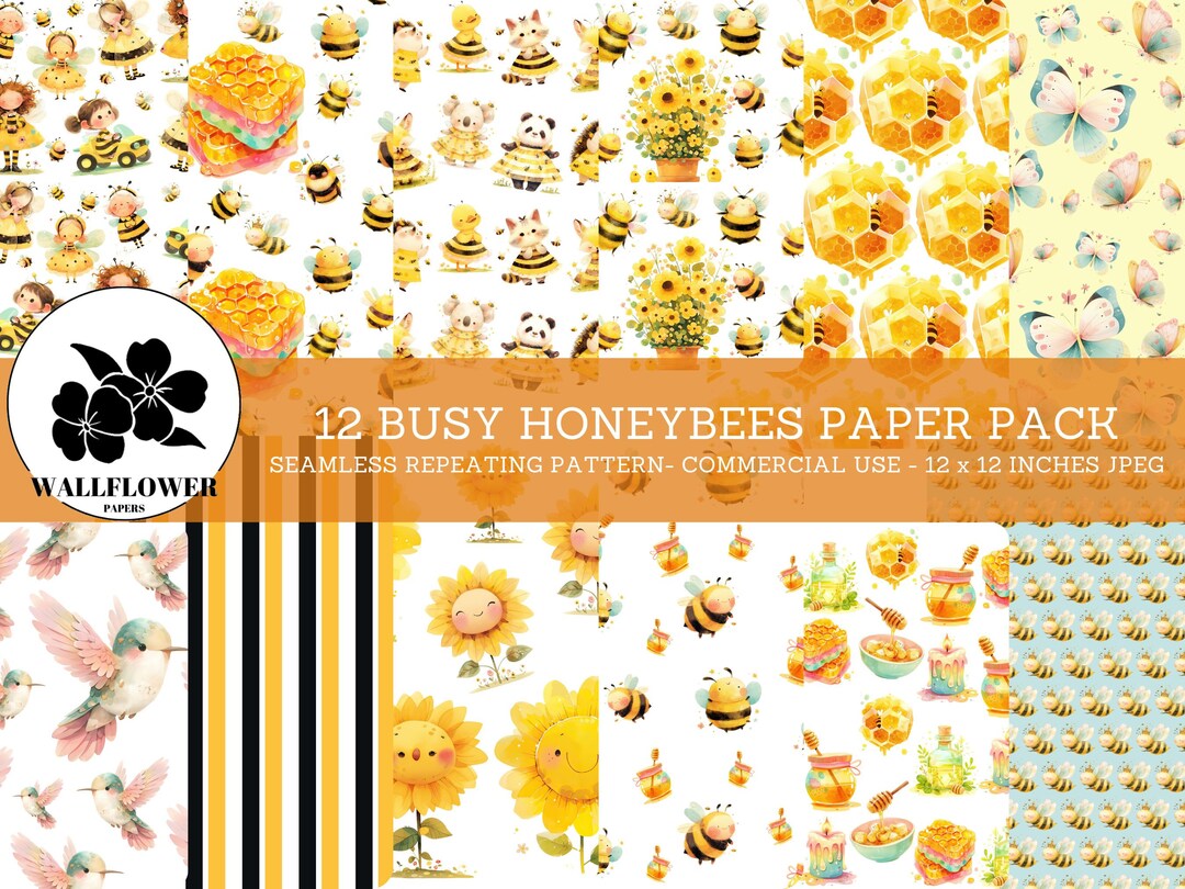 Cute Busy Honeybees Seamless Digital Papers, Beehive, Flowers & Cute ...
