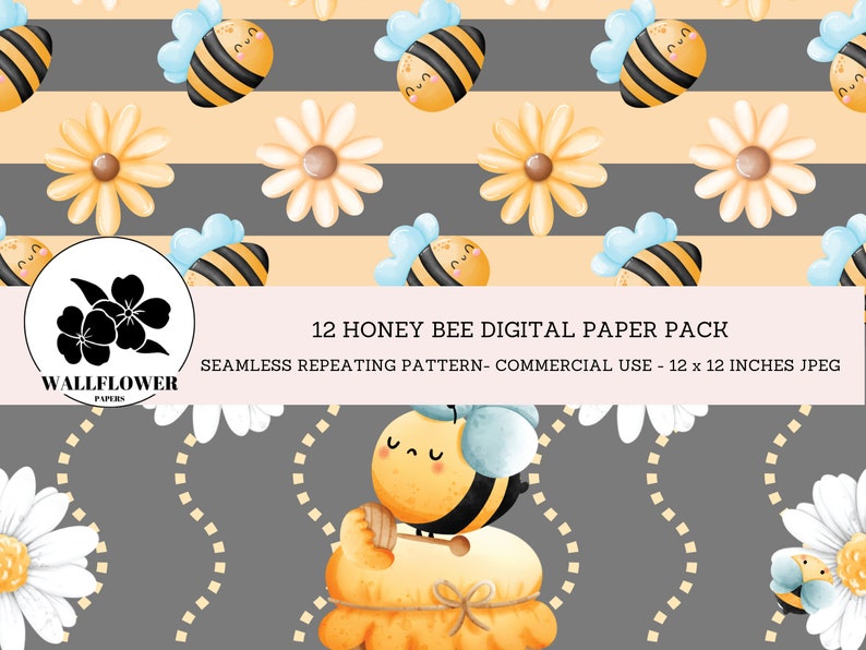 Honey Bee Seamless Digital Papers, Flowers & Bees Scrapbook Paper, Bee ...
