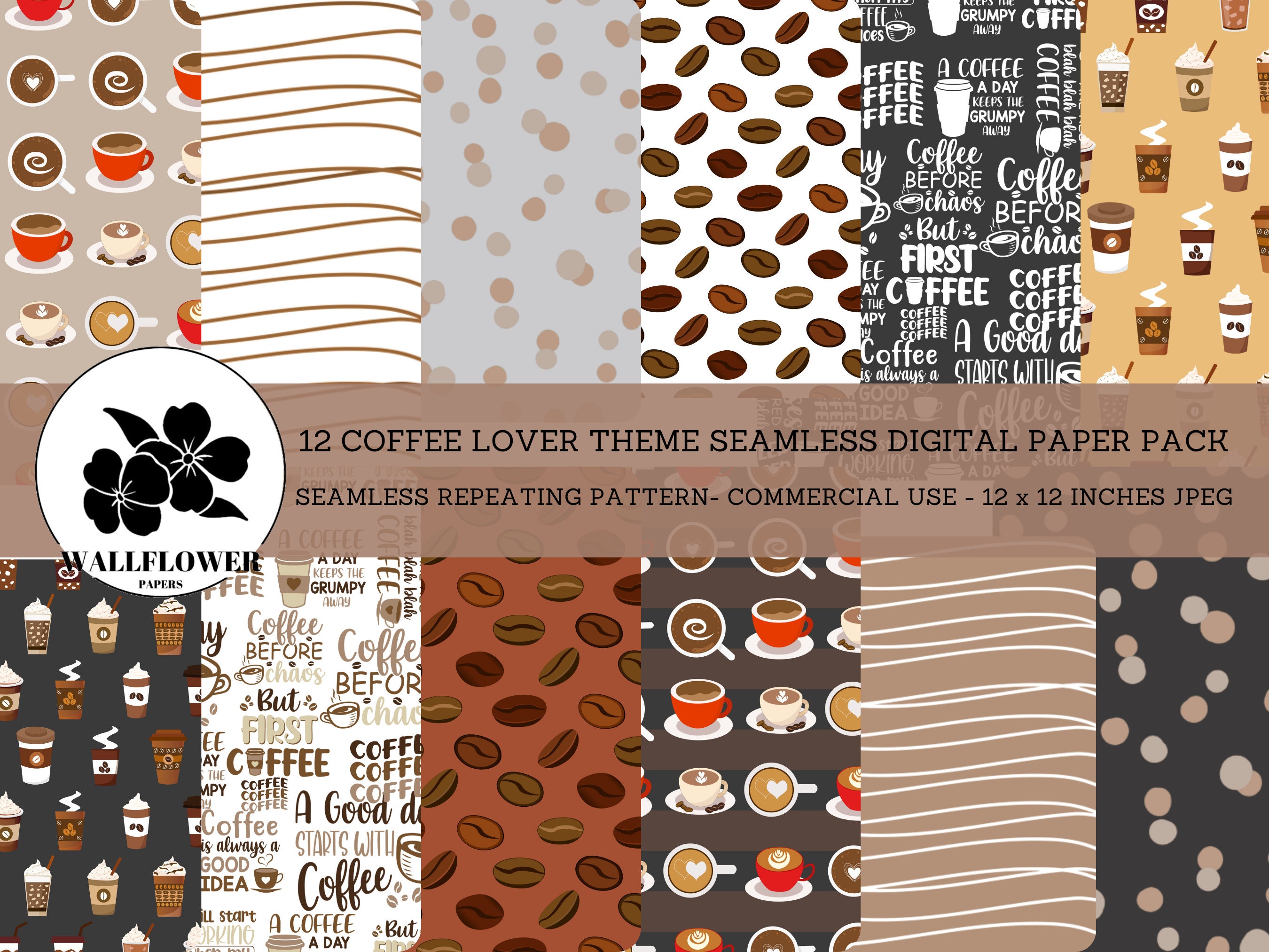Coffee Lover Seamless Digital Papers, Coffee Cups and Beans, Coffee ...