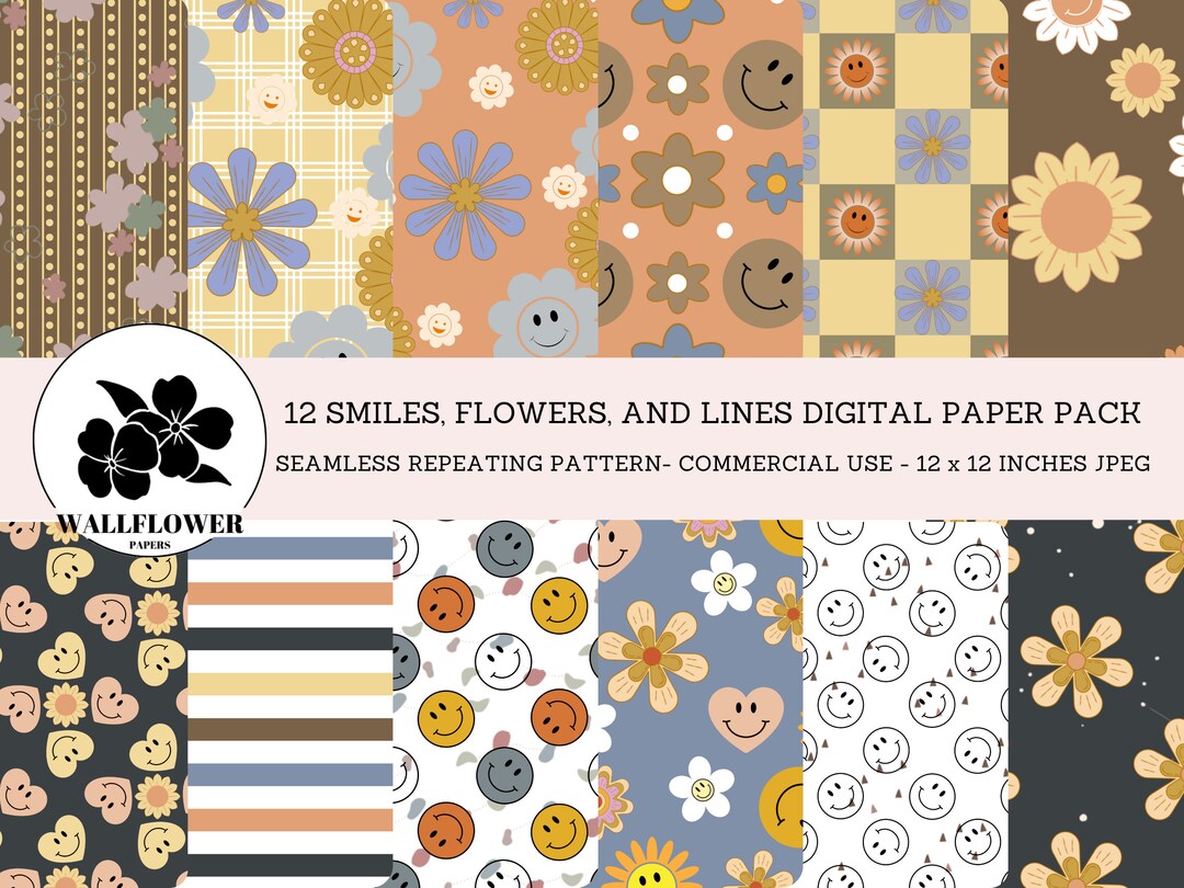 Boho Smiles Flowers Seamless Digital Papers, Colored Smileys & Lines ...