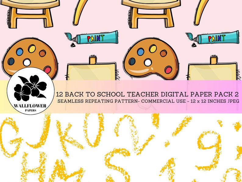 Back to School Teacher Seamless Digital Papers 2, Paint Brushes & Chalk ...