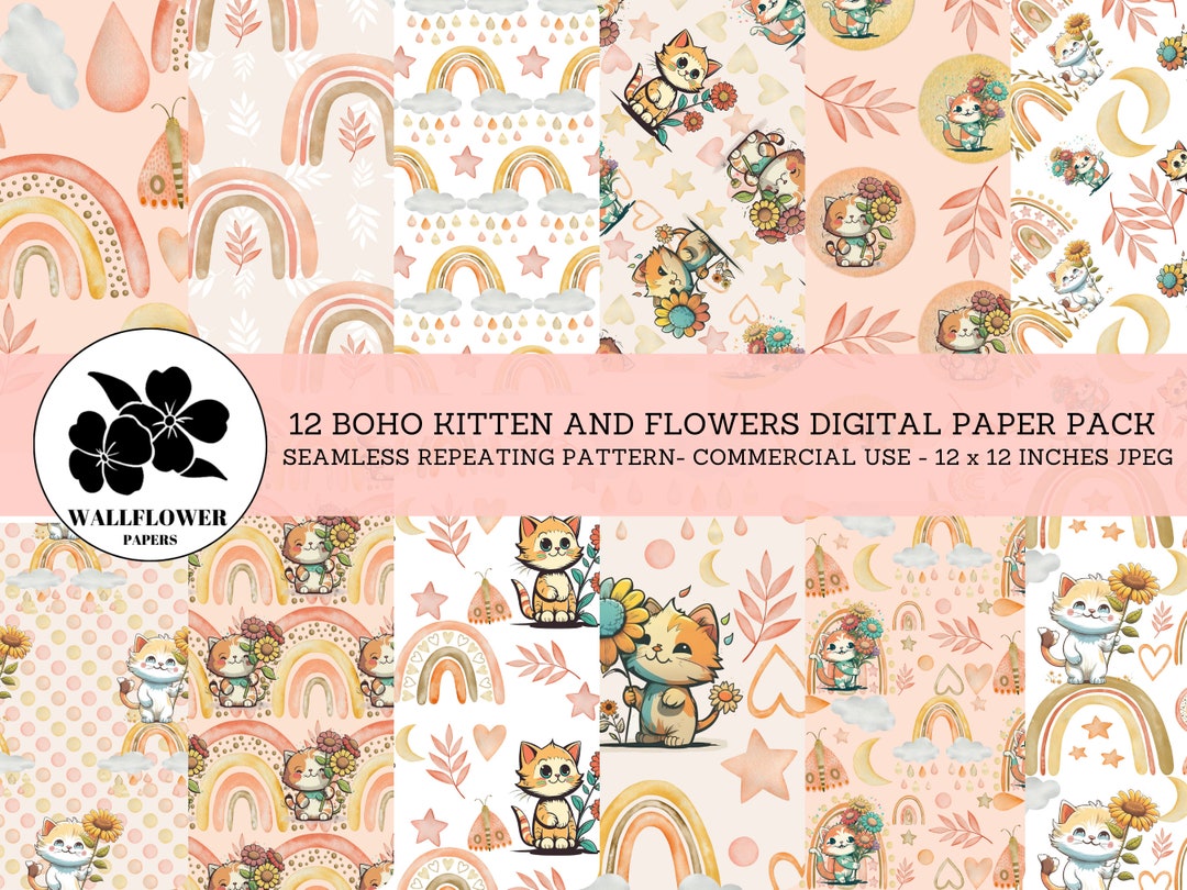 Boho Kitten and Flowers Seamless Digital Papers, Kitten, Flowers ...