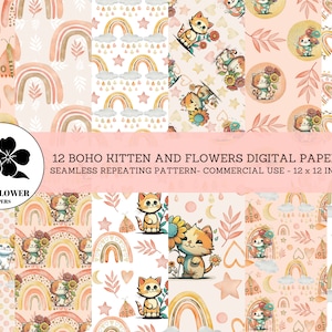 Boho Kitten and Flowers Seamless Digital Papers, Kitten, Flowers ...