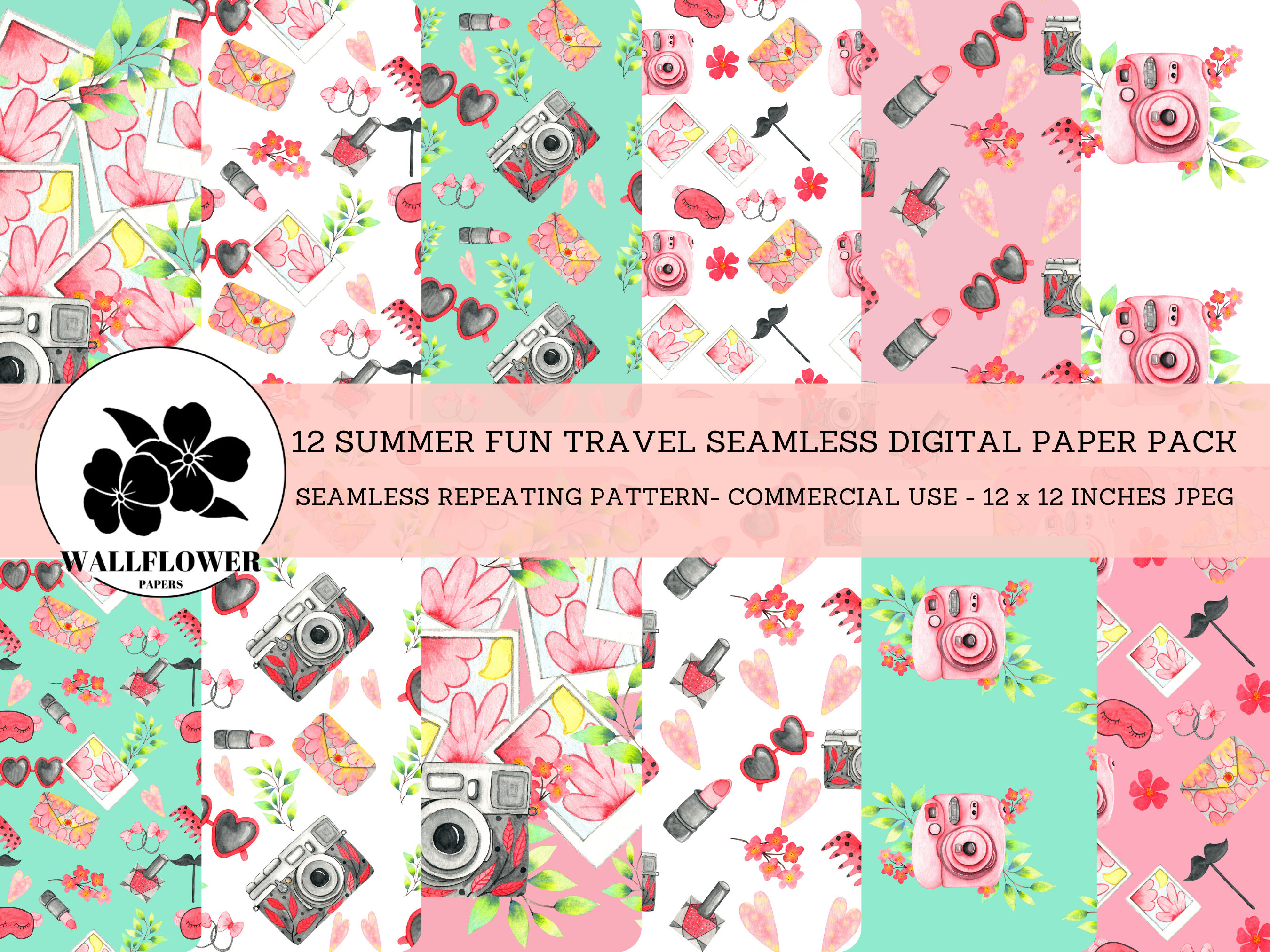 Summer Fun Travel Seamless Digital Papers, Cameras and Sunglasses, Pink ...