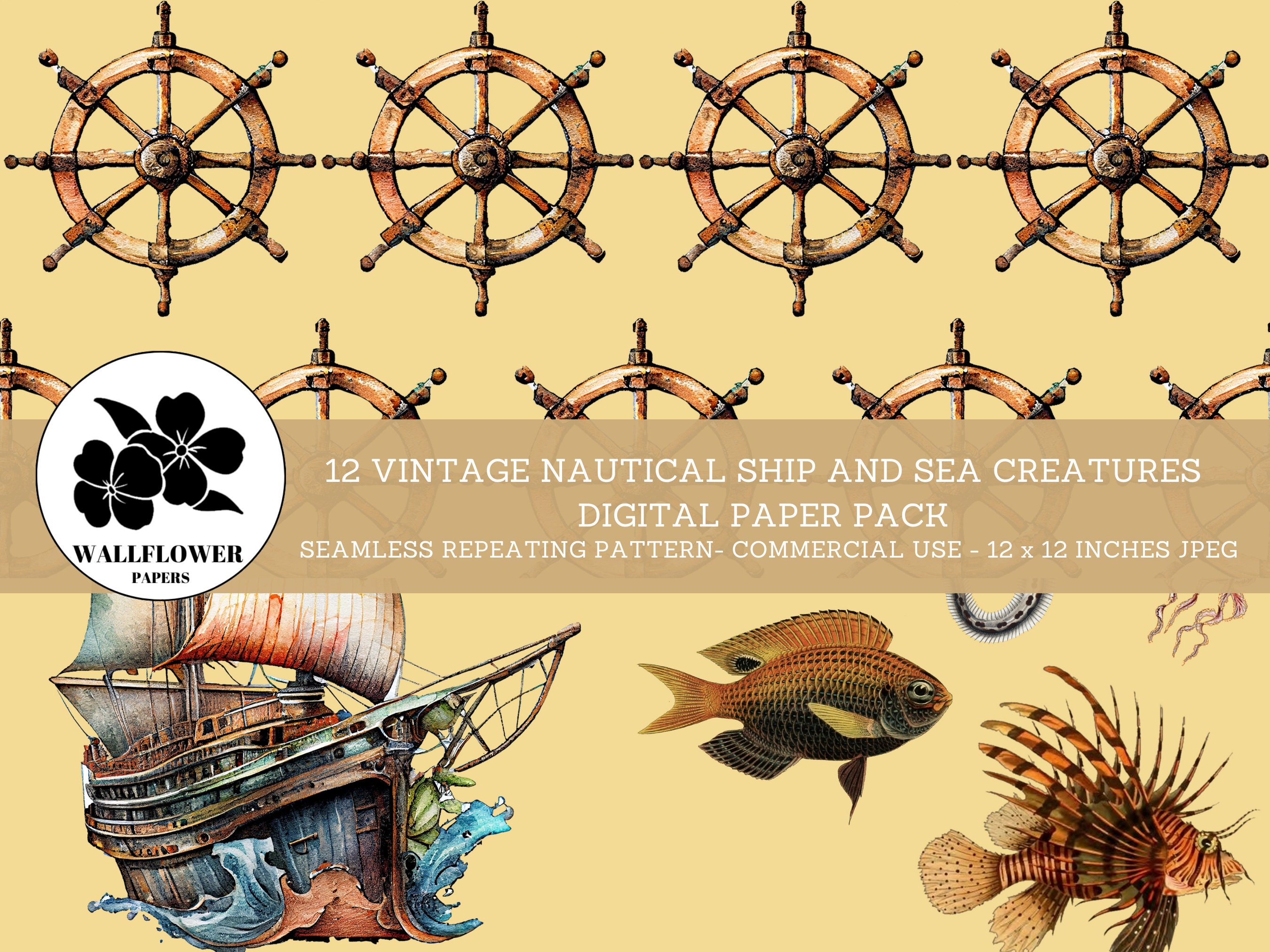 Vintage Nautical Ship and Sea Creatures Seamless Digital Papers, Ships ...