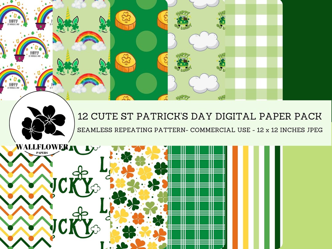 St Patrick's Day Seamless Digital Papers, Rainbow Unicorn & Shamrock ...
