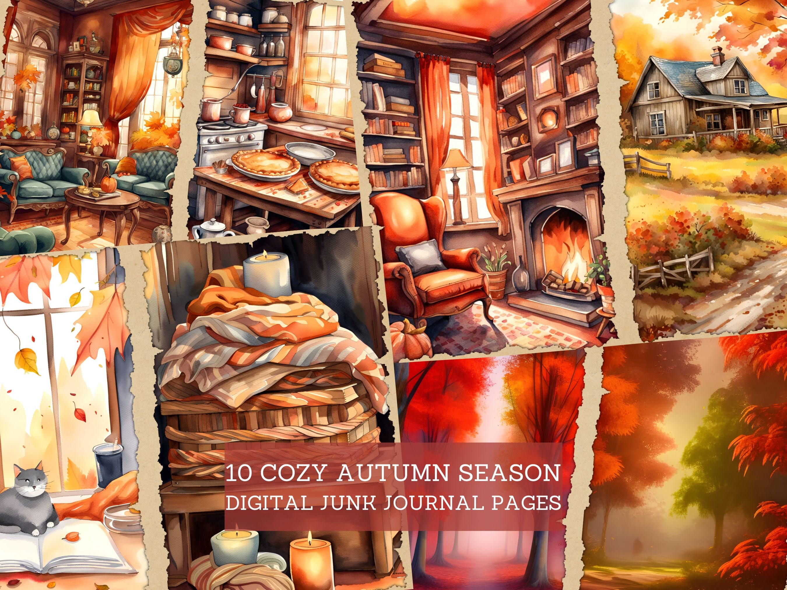 Cozy Autumn Season Junk Journal Pages, Fall Watercolor Scenes Journal ...